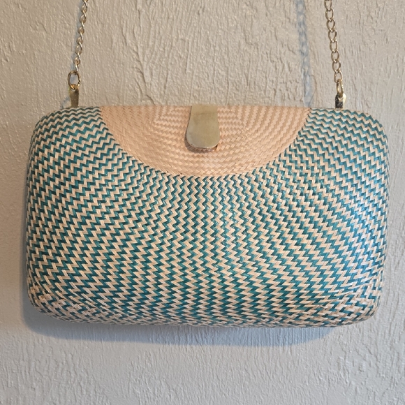 Bags | Vintage Woven Wicker Clutch Bag Greenteal And Cream | Poshmark